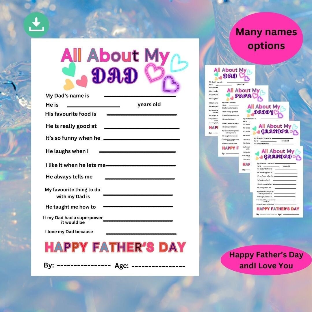 All About My Dad Printable Fill in Template,gift From Kids,fathers Day ...