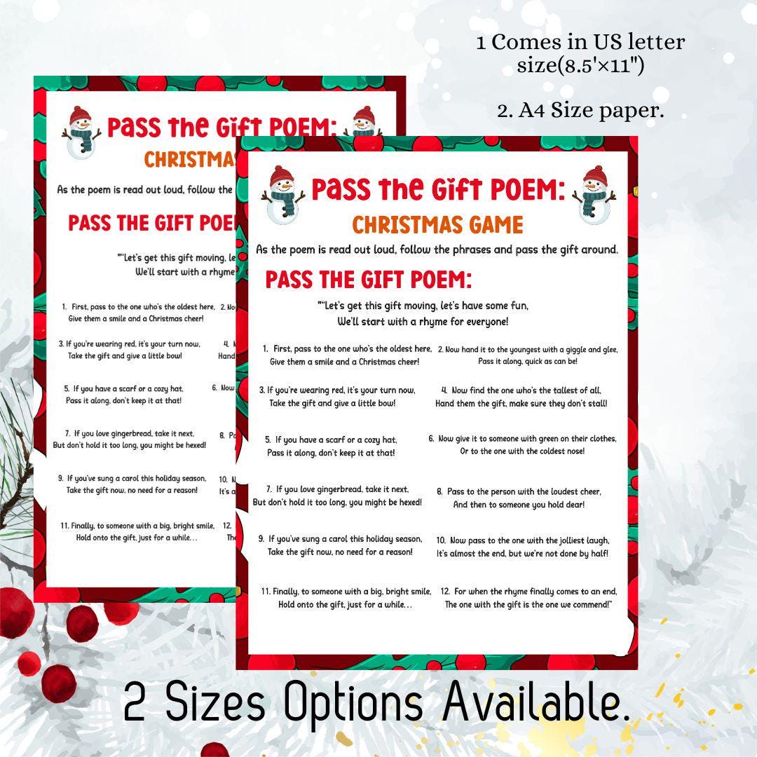 Pass the Gift Poem,christmas Pass the Gift Poem Game, Printable ...
