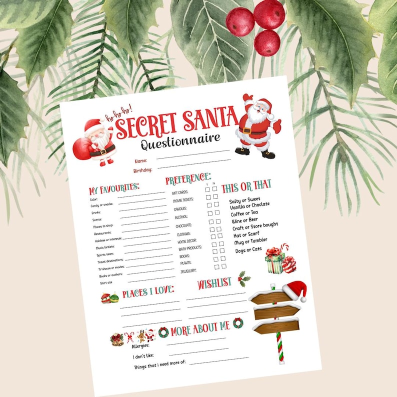 Secret Santa Questionnaire,christmas Gift Exchange Survey,printable ...