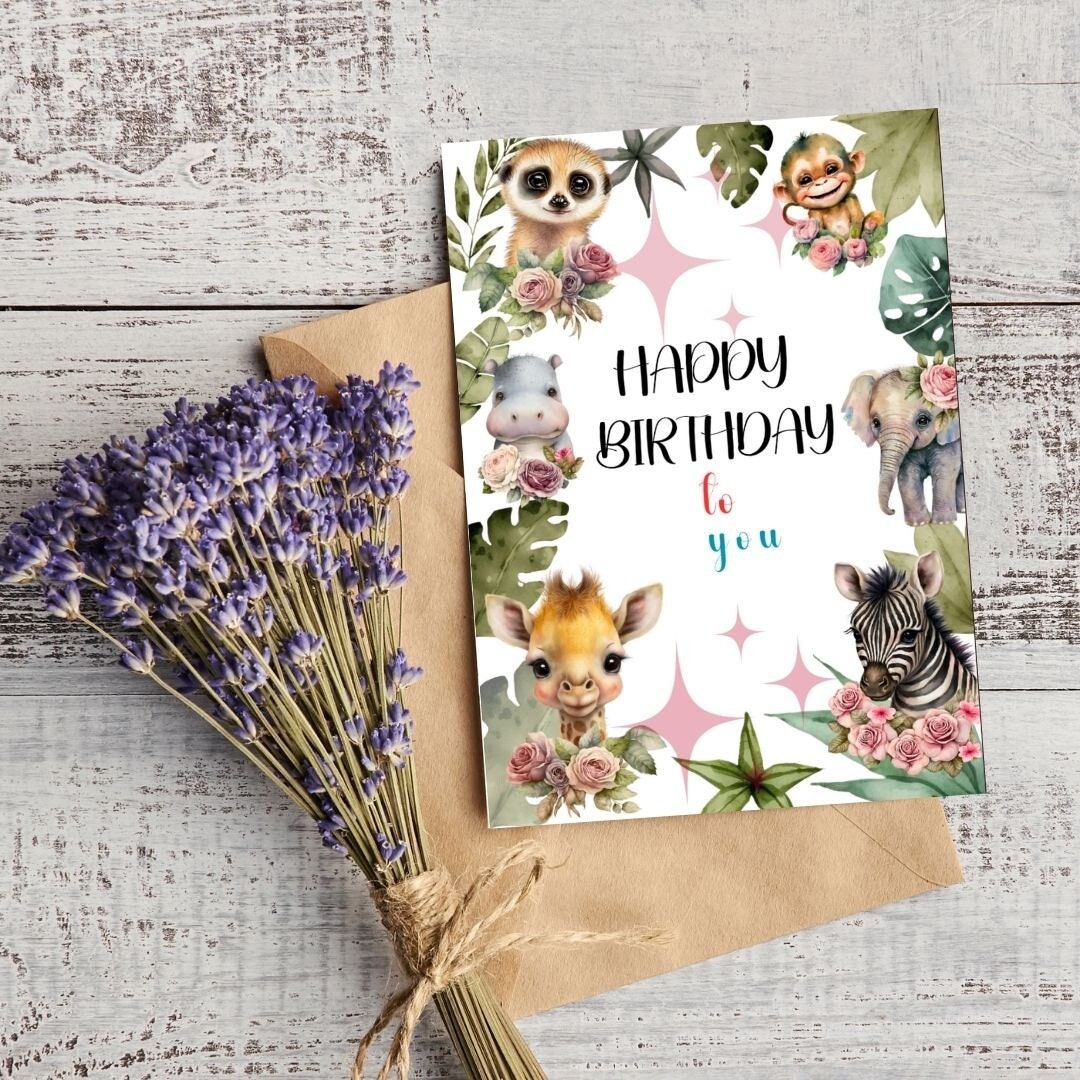Printable Animal Safari Birthday Cards,jungle Animals Birthday Card ...