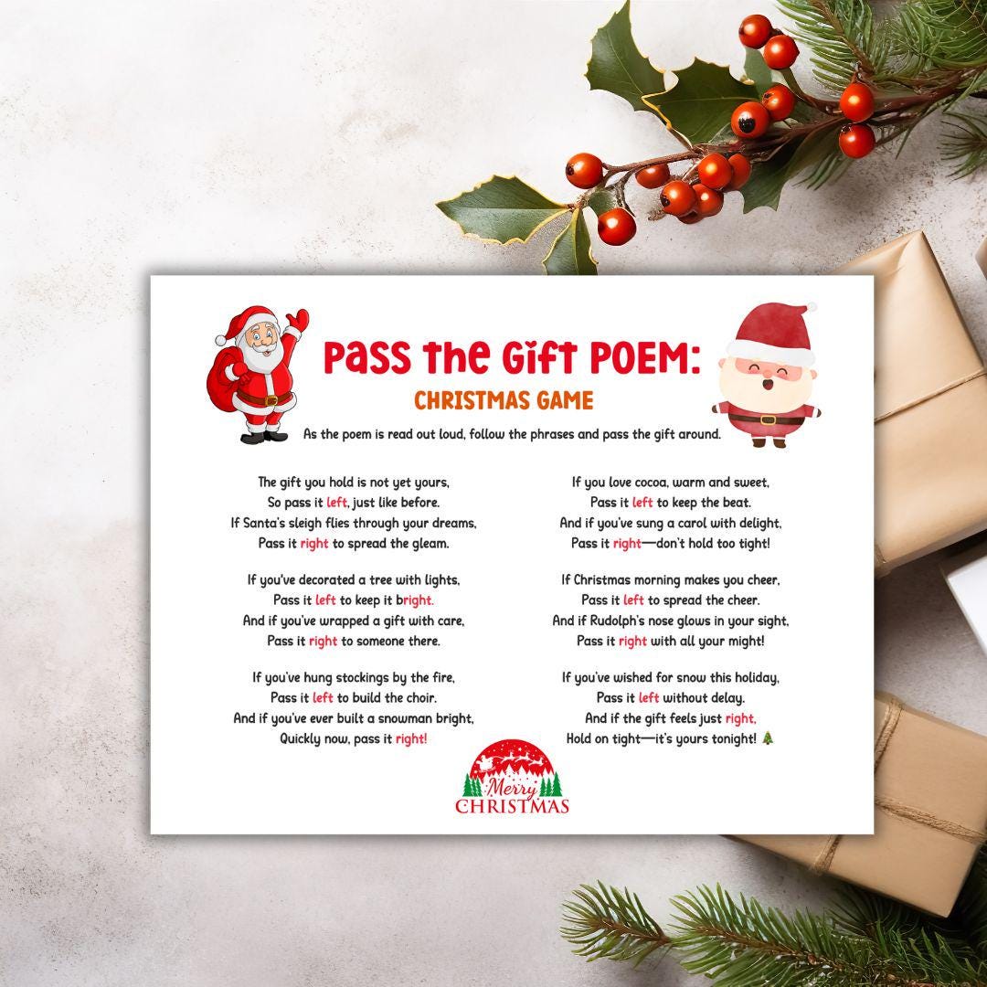 Christmas Pass the Gift Poem Game, Printable Holiday Fun (instant ...