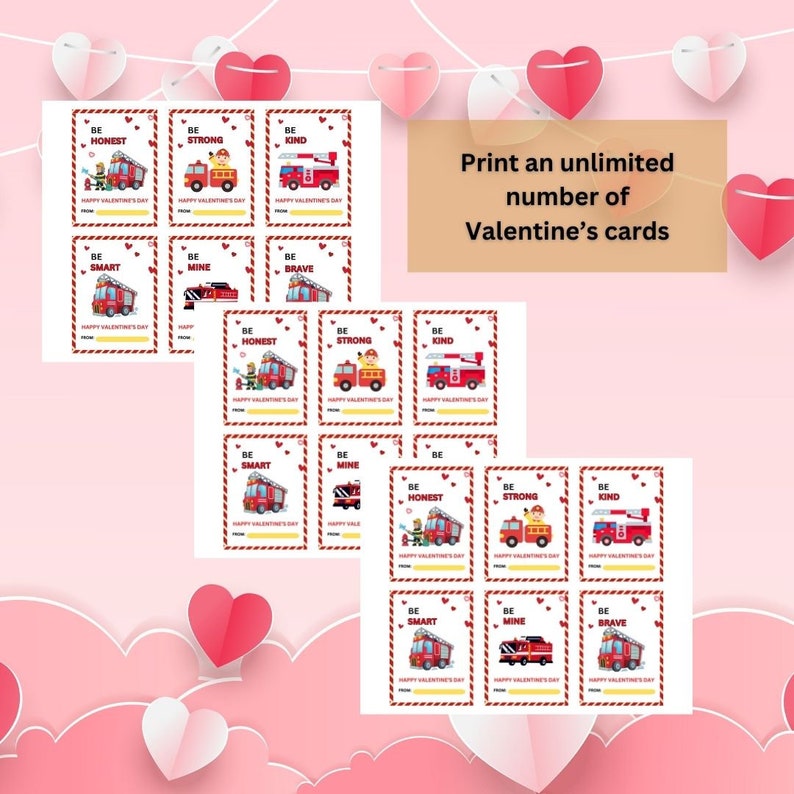 Fire Truck Valentine's Day Cards for Kids: Classroom Printable (digital ...