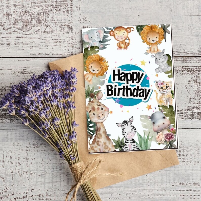 Printable Animal Safari Birthday Cards,jungle Animals Birthday Card ...