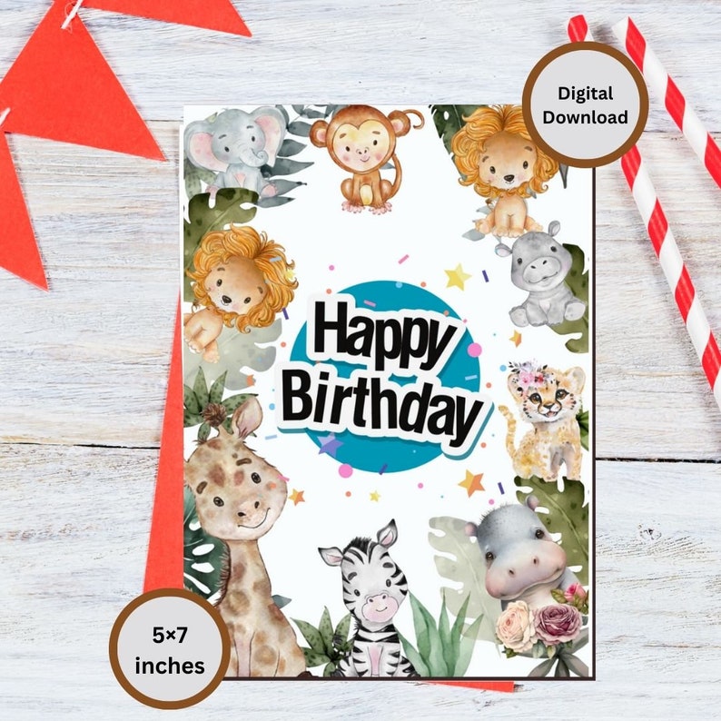 Printable Animal Safari Birthday Cards,jungle Animals Birthday Card ...