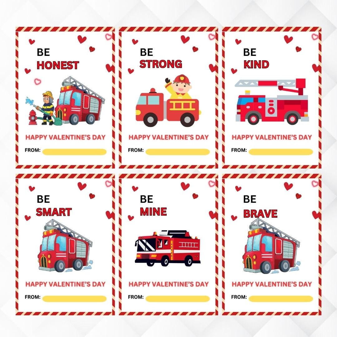 Fire Truck Valentine's Day Cards for Kids: Classroom Printable (digital ...