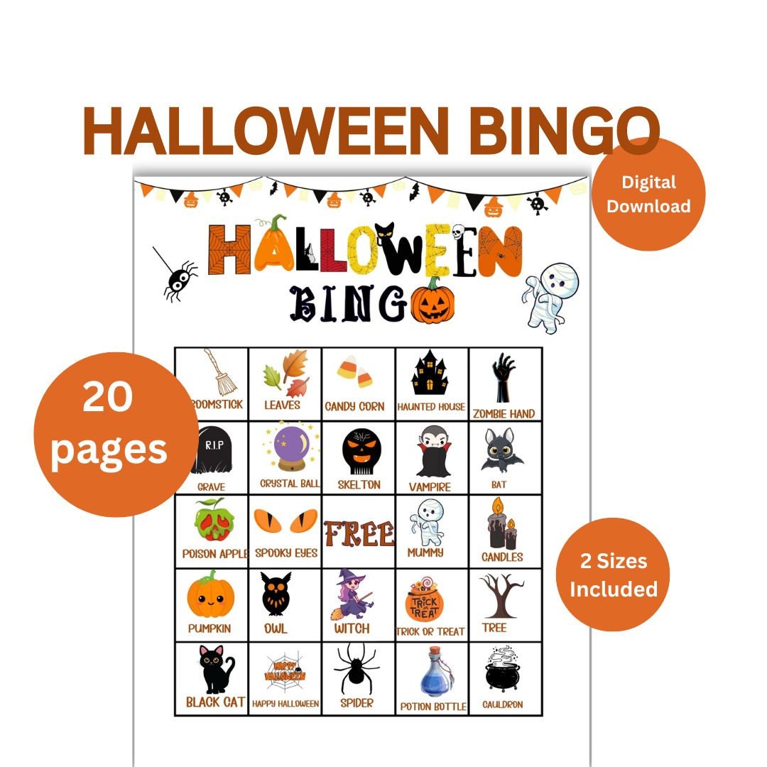Halloween Bingo Game, Printable-20 Bingo Games for Kids, Games for ...