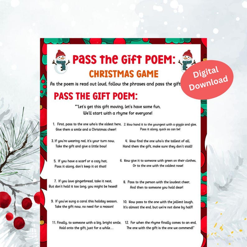 Pass the Gift Poem,christmas Pass the Gift Poem Game, Printable ...
