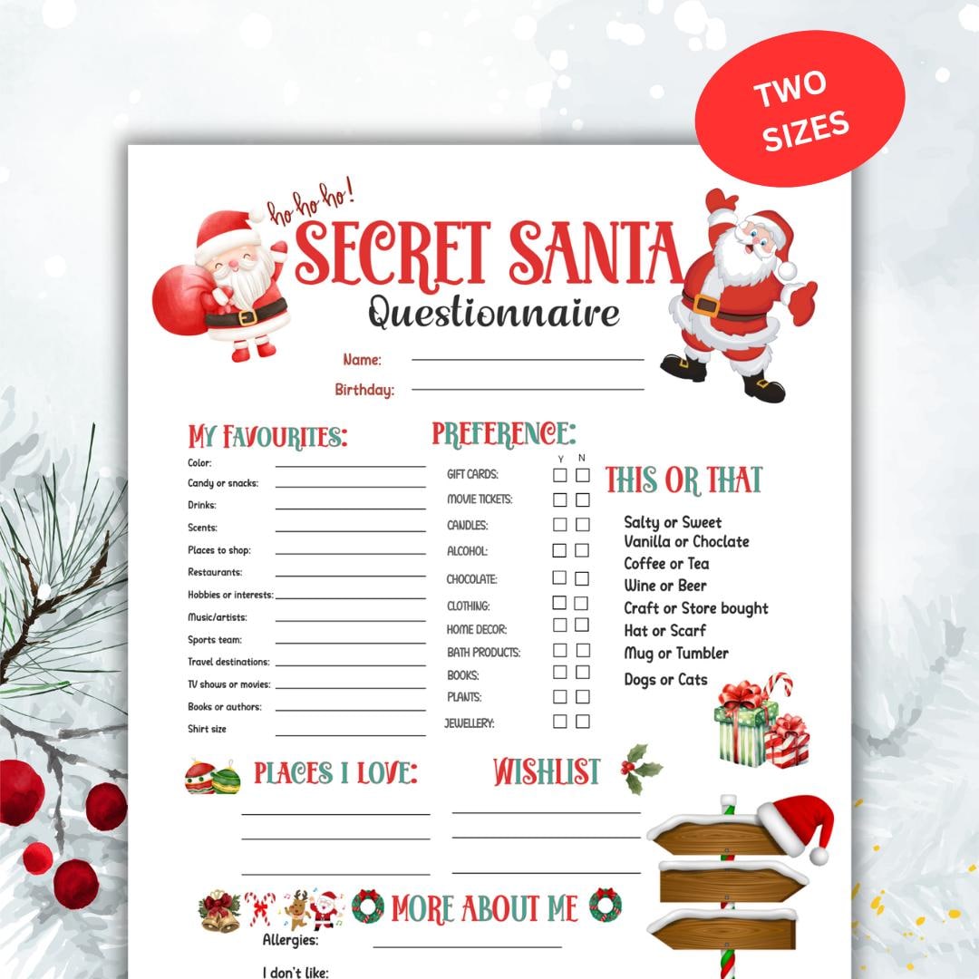 Secret Santa Questionnaire,christmas Gift Exchange Survey,printable ...