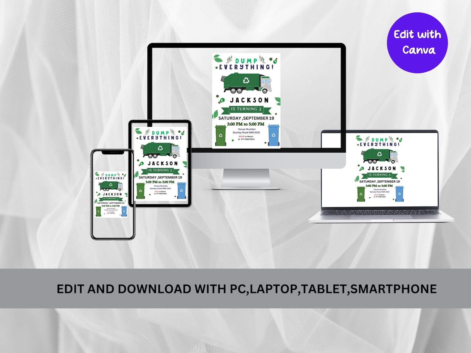 Editable Garbage Truck Invitation Canva Template,dump Truck Party ...