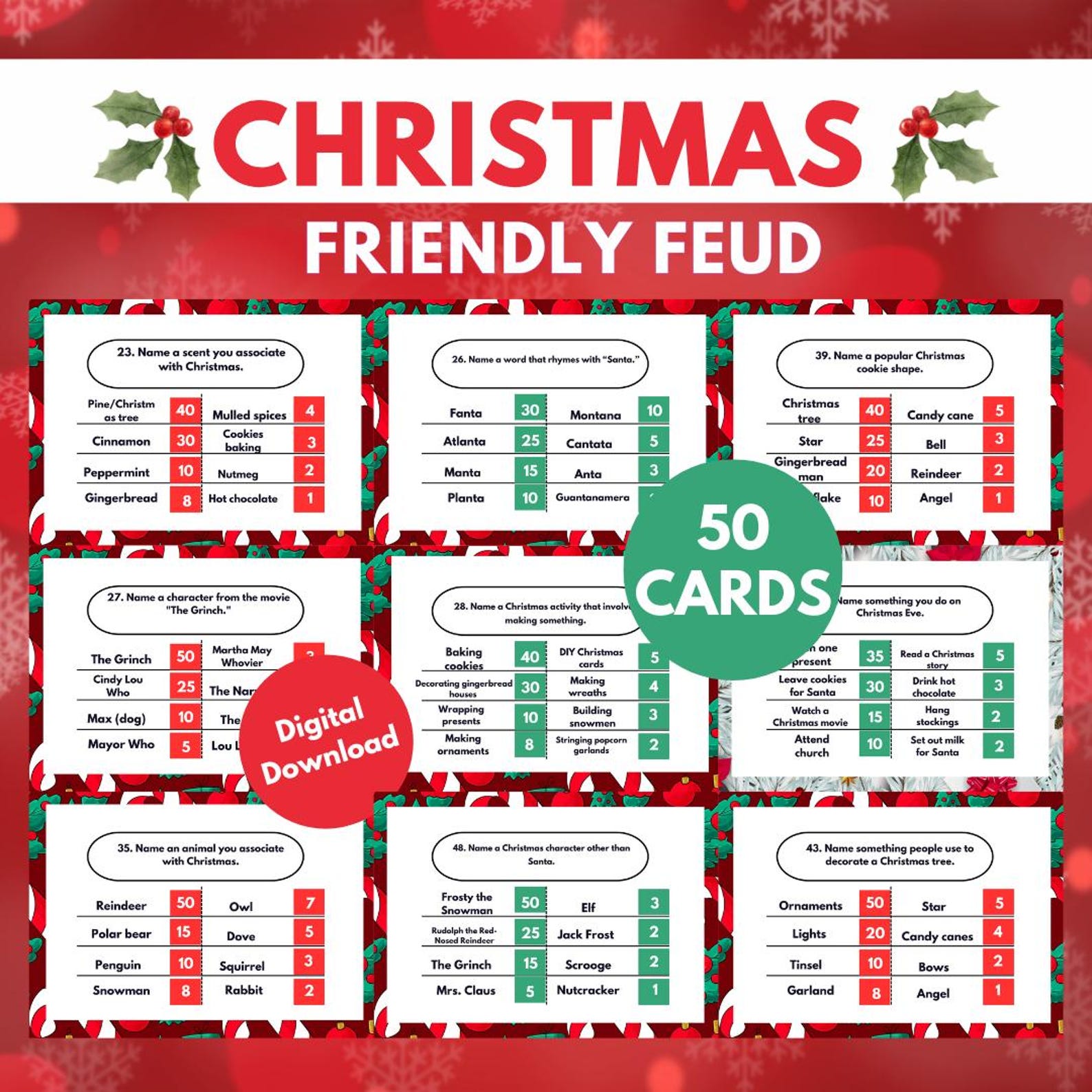 Christmas Party Feud,christmas Family Feud Game Cards, Printable-50 ...