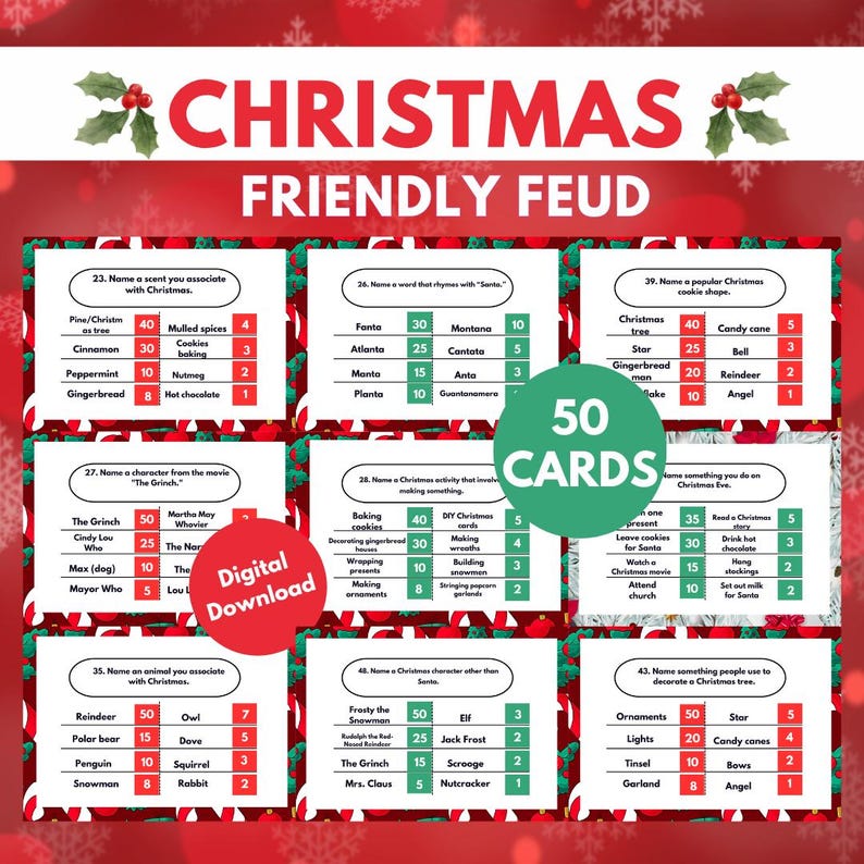 Christmas Party Feud,christmas Family Feud Game Cards, Printable-50 ...