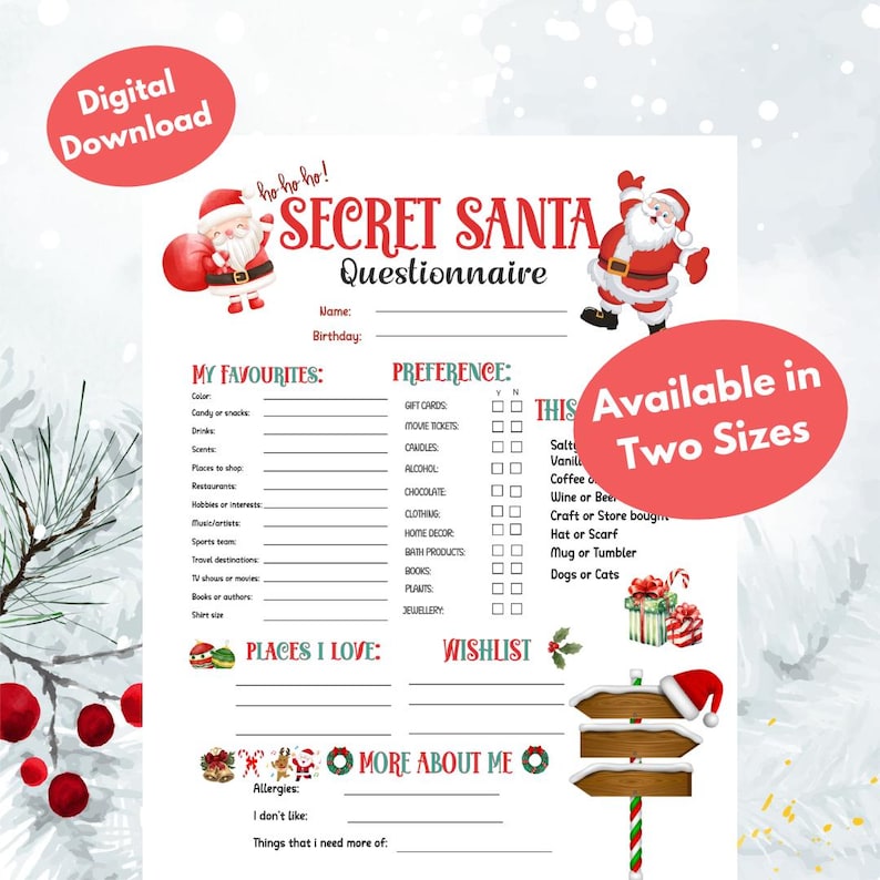 Secret Santa Questionnaire,christmas Gift Exchange Survey,printable ...