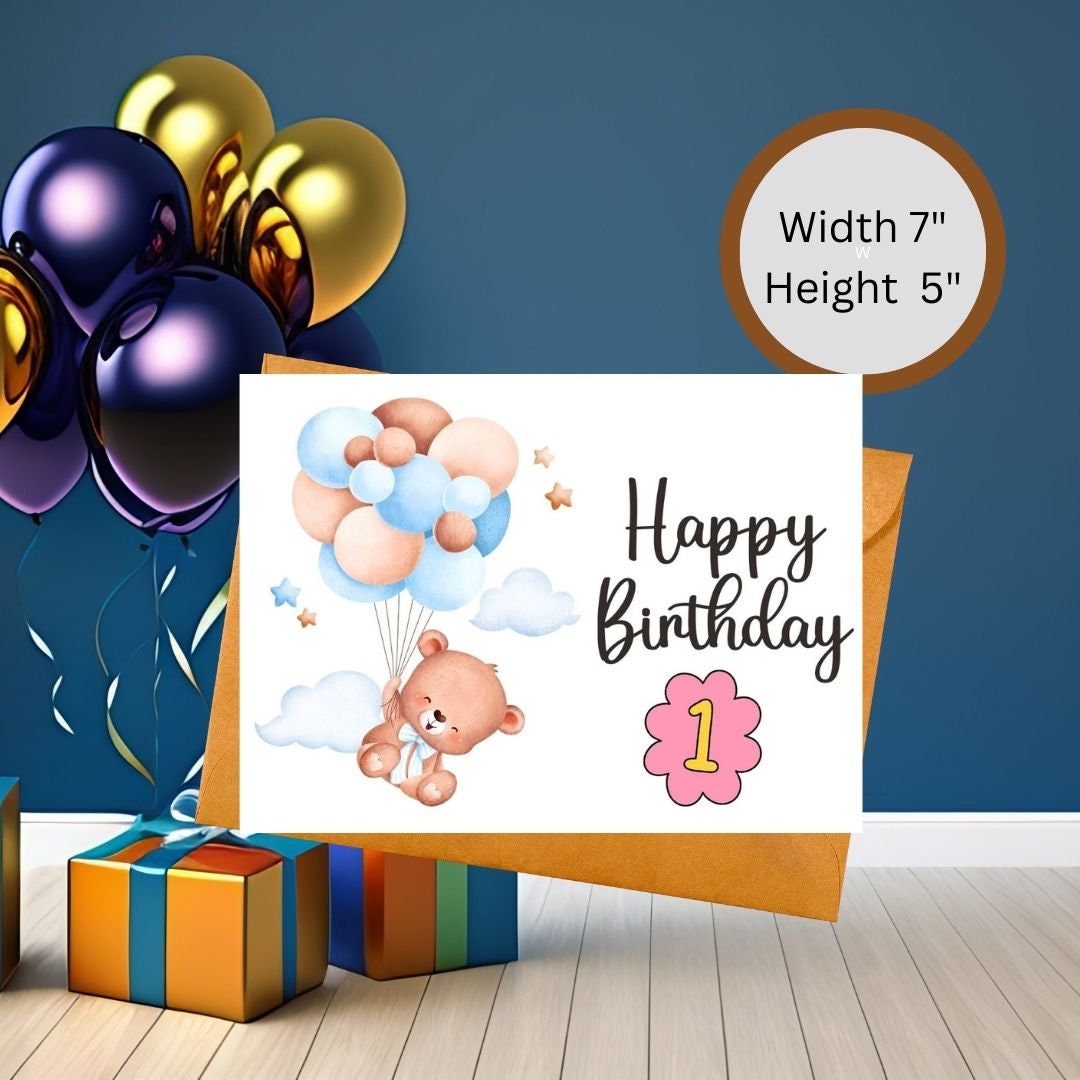Printable Teady Bear Holding Balloons Happy Birthday Card ,happy First ...