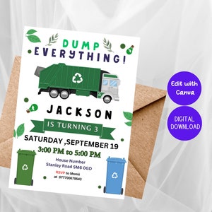 Editable Garbage Truck Invitation Canva Template,dump Truck Party ...