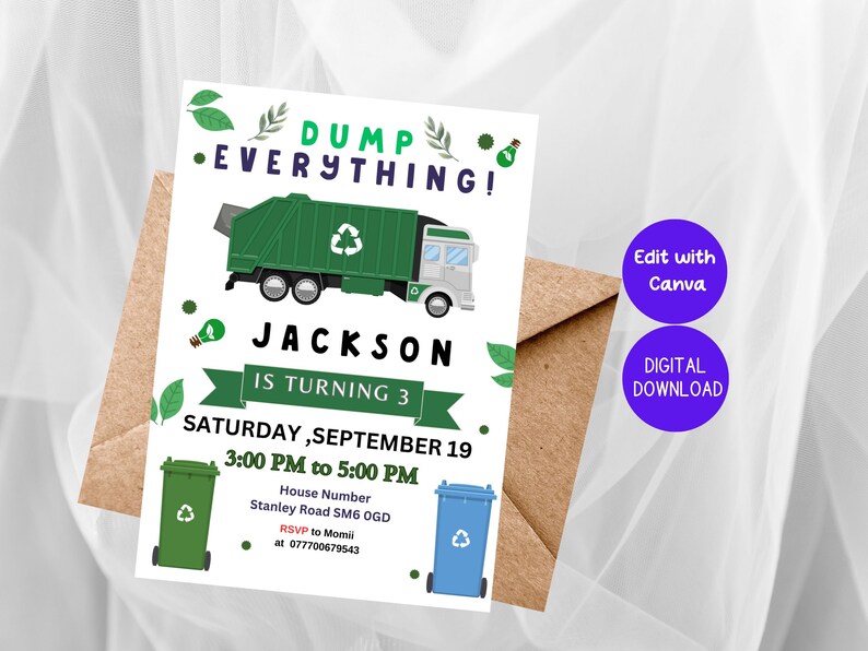 Editable Garbage Truck Invitation Canva Template,dump Truck Party ...