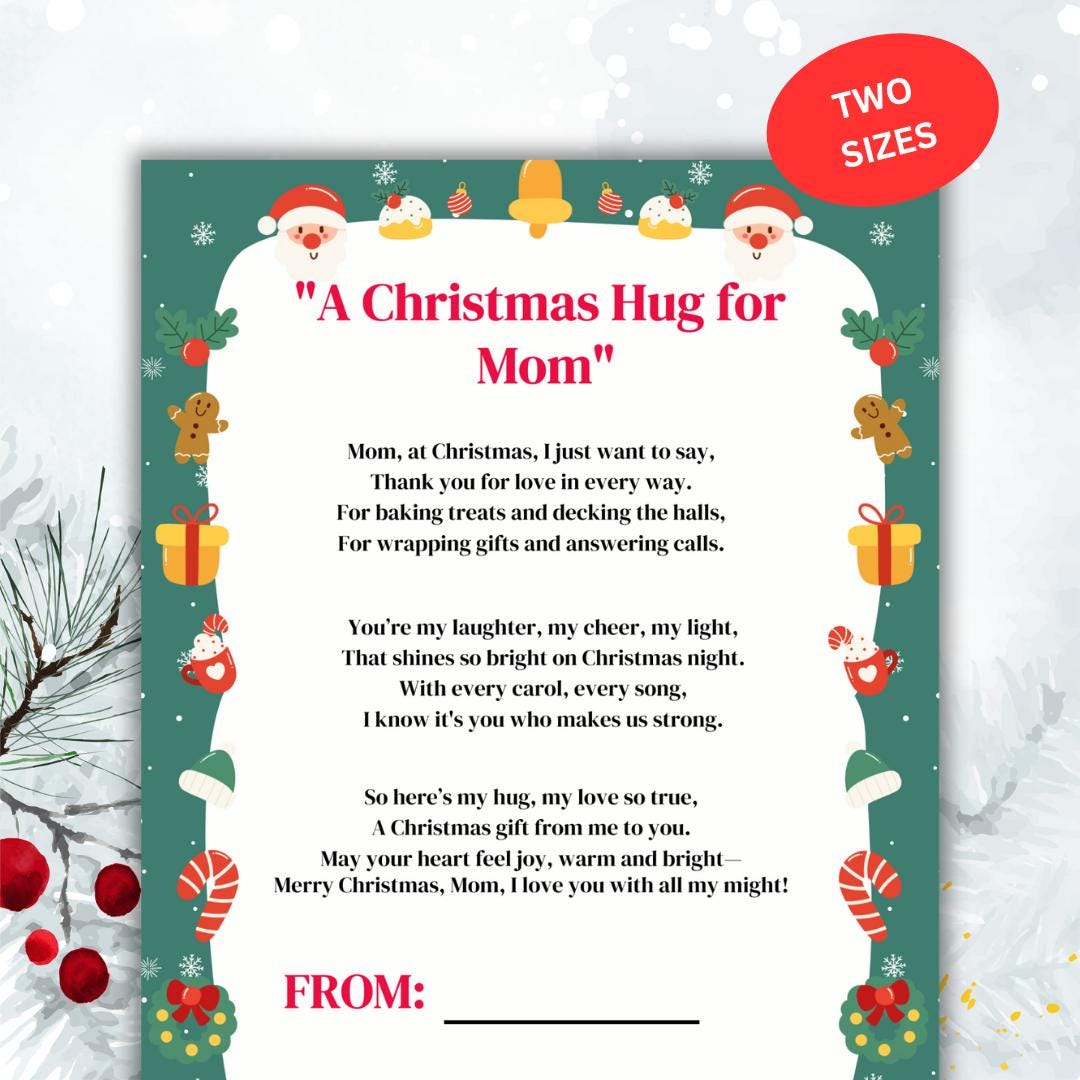 A Christmas Hug for Mom Poem,christmas Mother Gift, Printable Christmas ...
