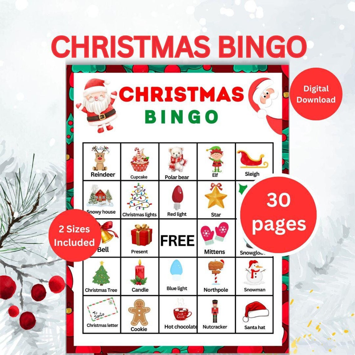 Christmas Bingo Cards,30 Bingo Cards,christmas Party Game,christmas ...