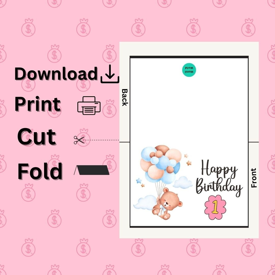 Printable Teady Bear Holding Balloons Happy Birthday Card ,happy First ...