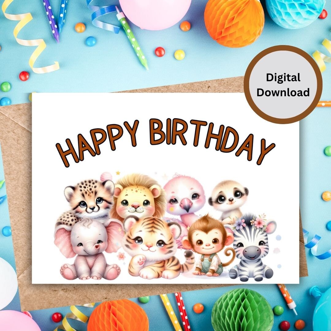 Cute Animals Happy Birthday Card,safari Birthday Card,kids Birthday ...