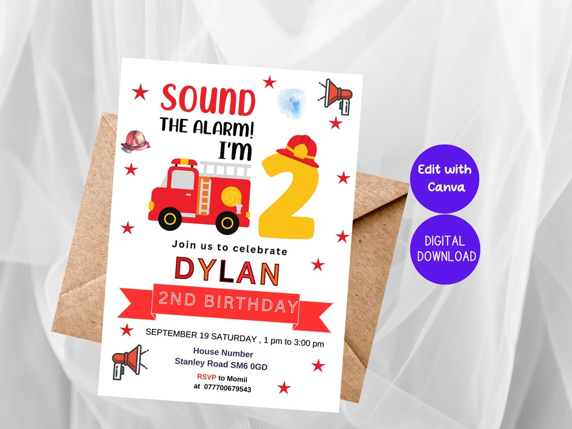 Editable Firetruck Second Birthday Party Invitationcanva - Etsy