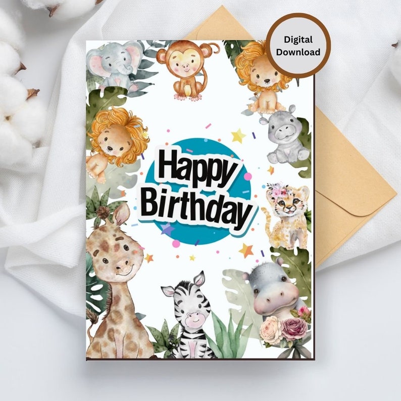 Printable Animal Safari Birthday Cards,jungle Animals Birthday Card ...