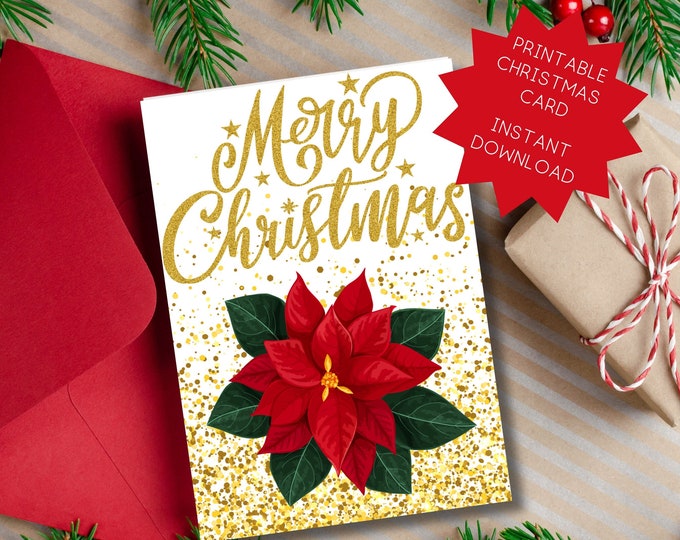 Printable Christmas Cards Set of 5, Poinsettia Design, Digital Download ...