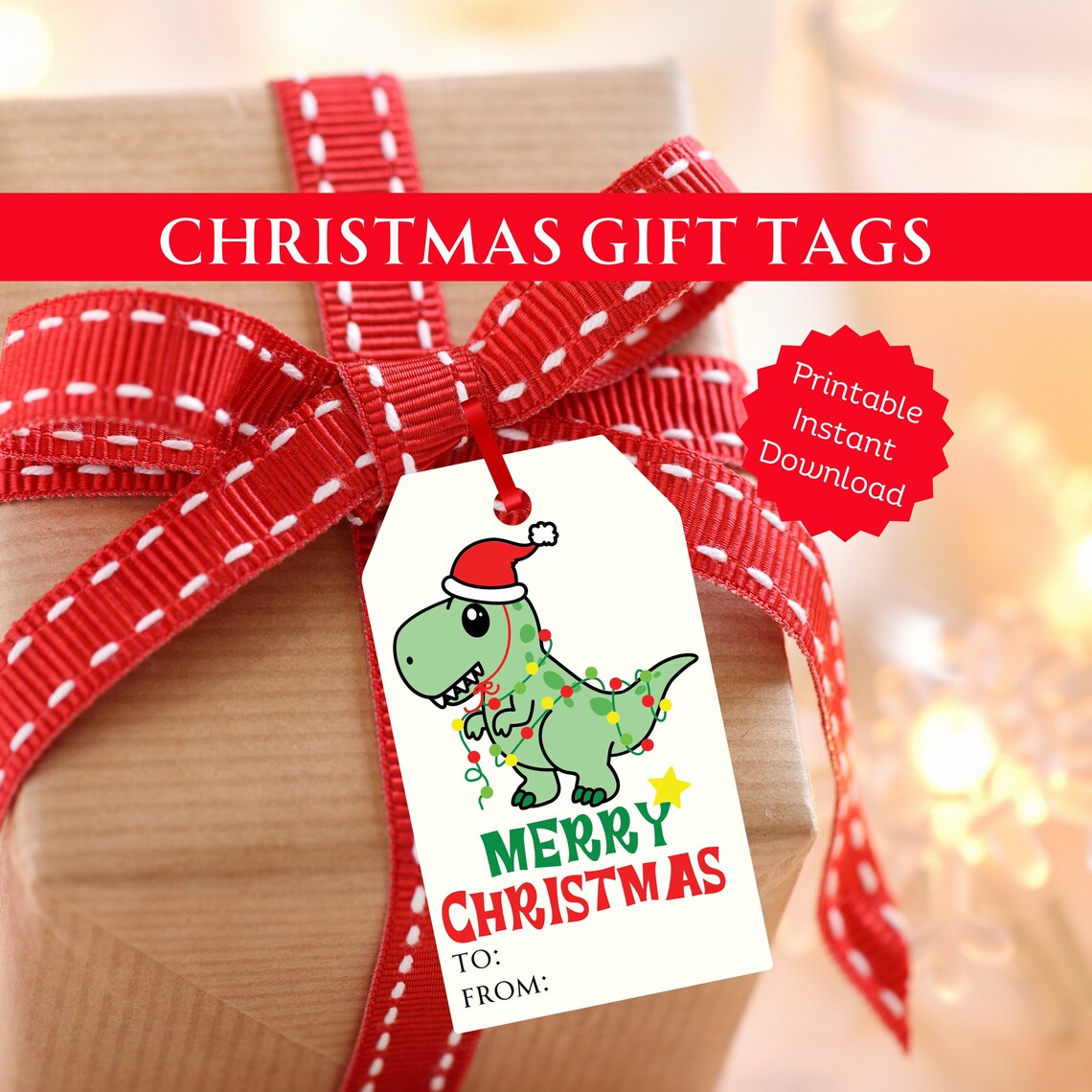 Christmas Gift Tag | Printable Christmas Gift Tag | Dinosaur T-rex Gift ...