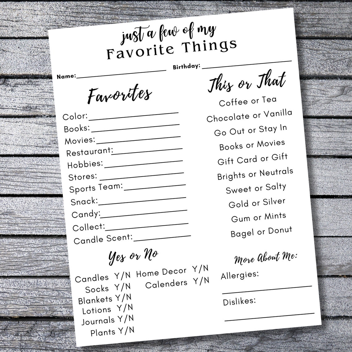A Few of My Favorite Things Questionnaire | Favorite Things Survey | Co ...
