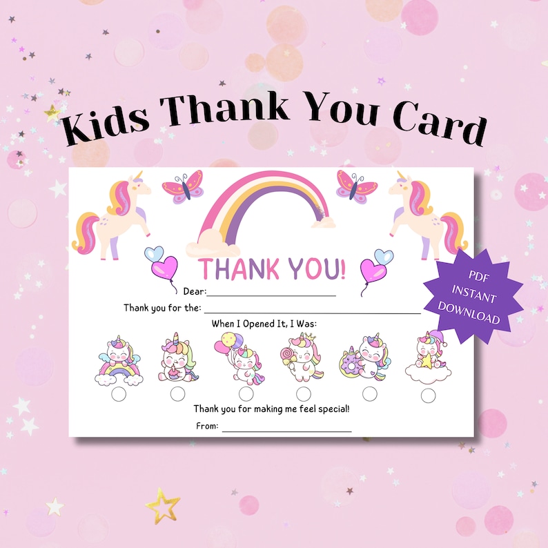 Kids Thank You Card | Unicorn Thank You Card for Kids | Kids Birthday ...