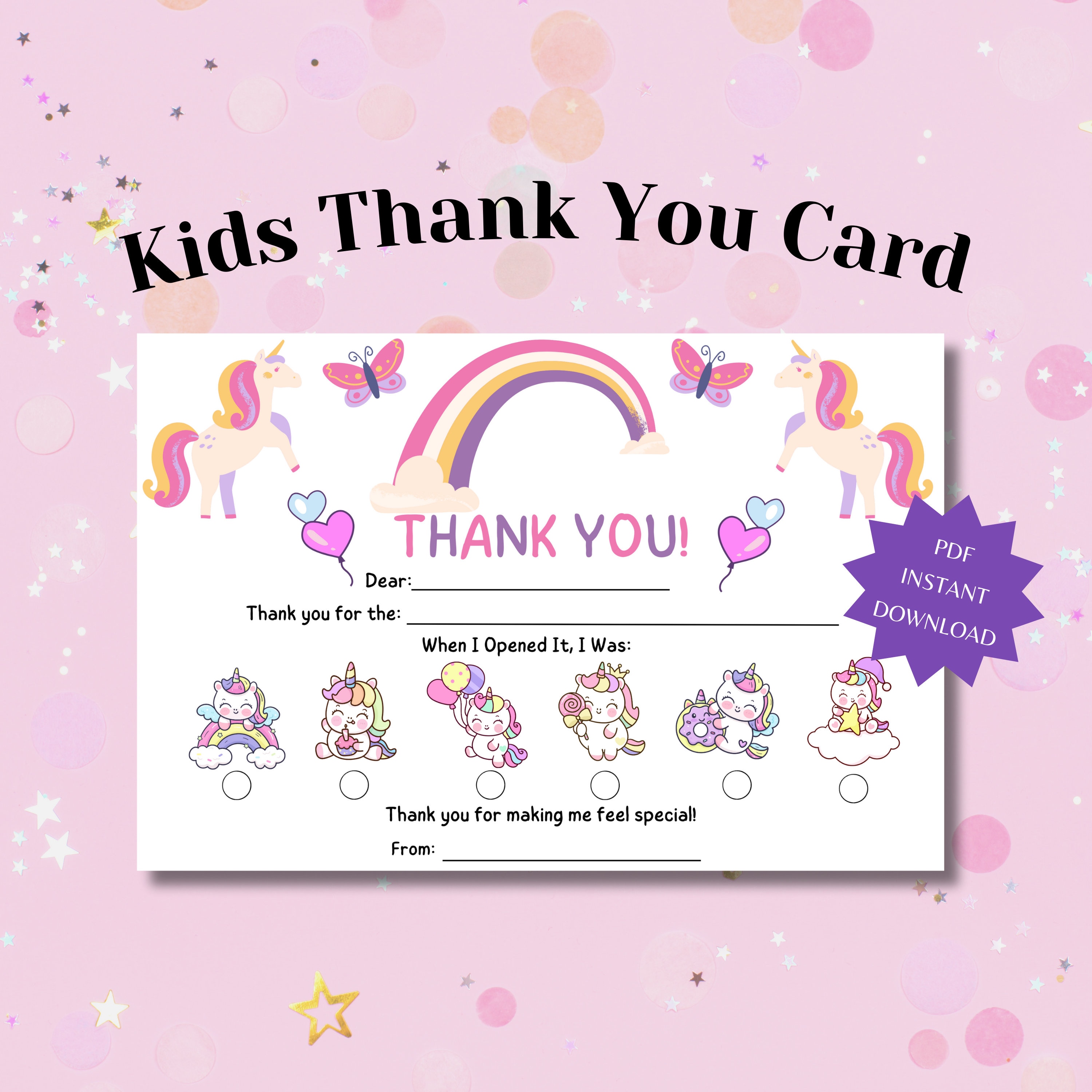 Kids Thank You Card | Unicorn Thank You Card for Kids | Kids Birthday ...