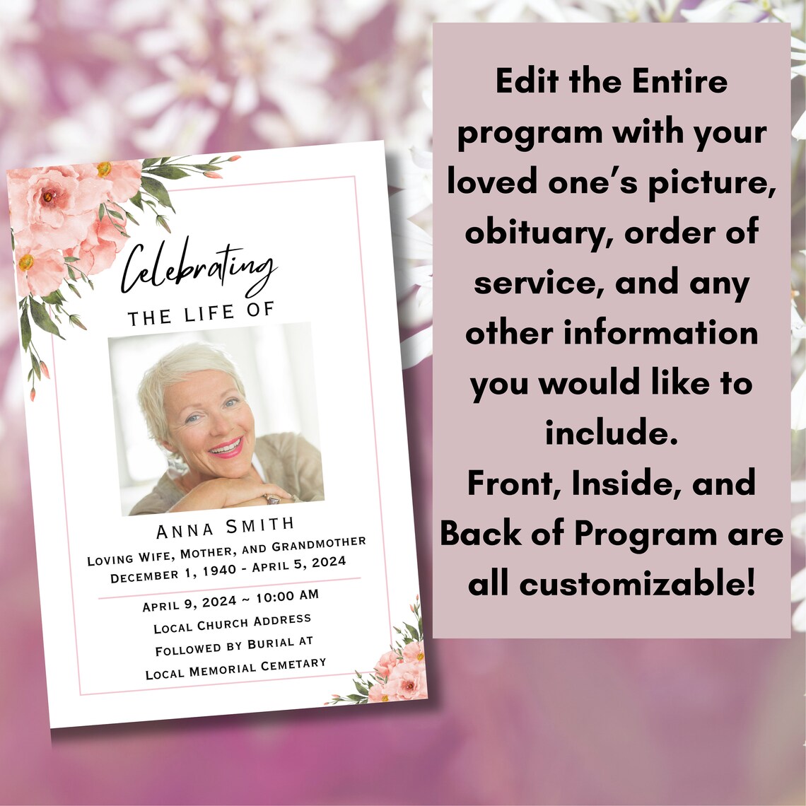 Editable Funeral Program Template | Floral Funeral Program ...