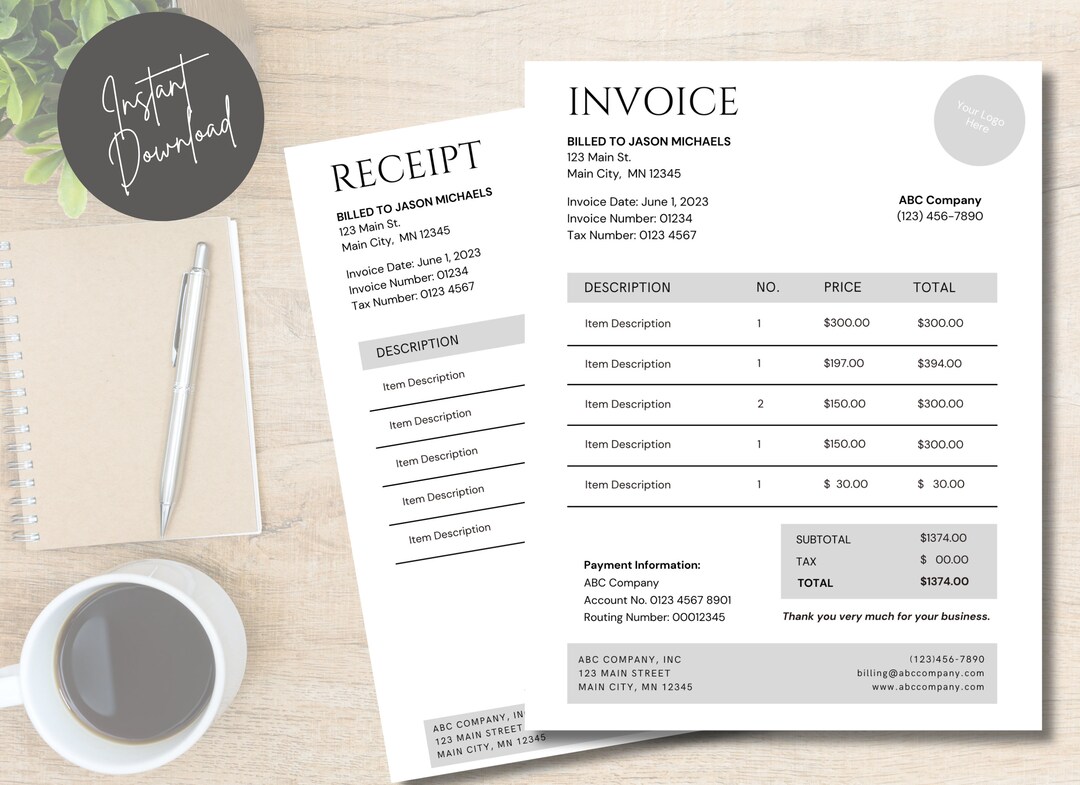 Invoice Editable Template Printable Invoice and Receipt - Etsy