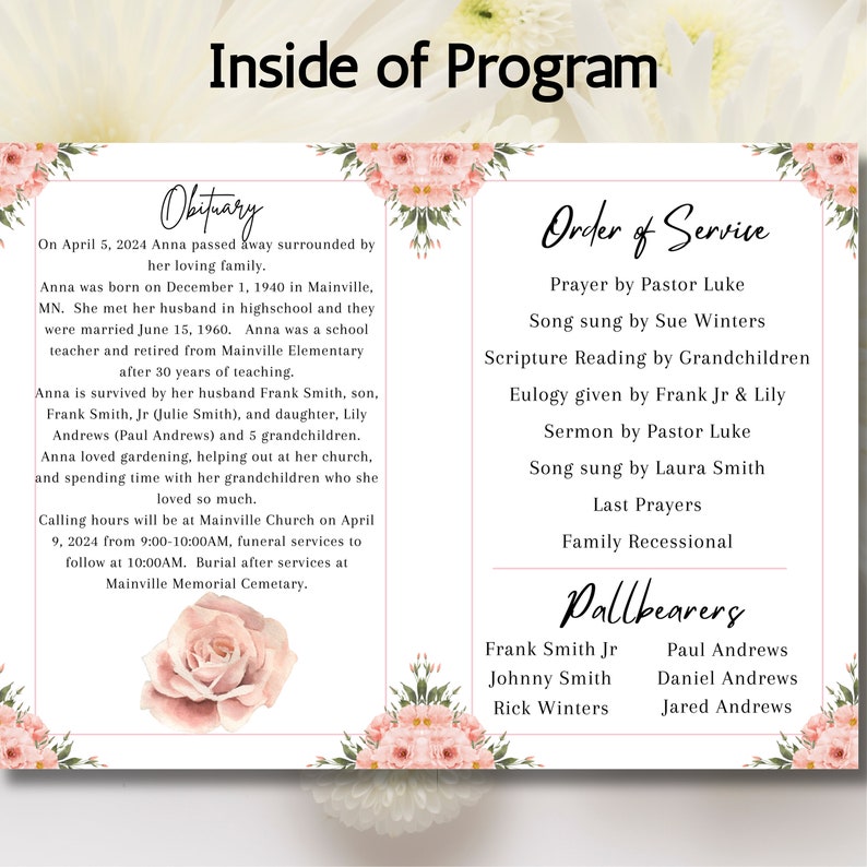Editable Funeral Program Template Floral Funeral Program Customizable ...