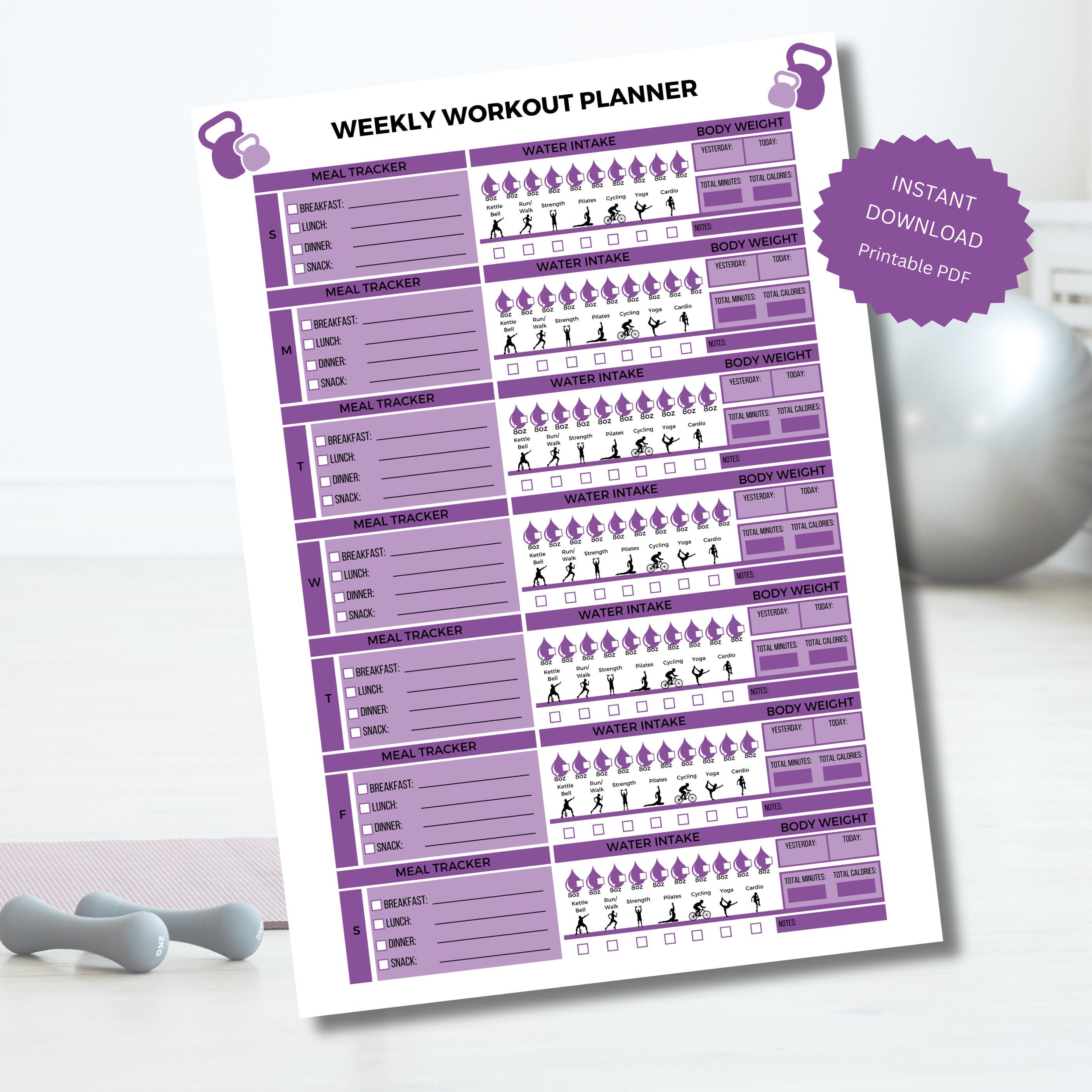 Weekly Workout Planner | Daily Exercise Log | Fitness Journal | Workout ...