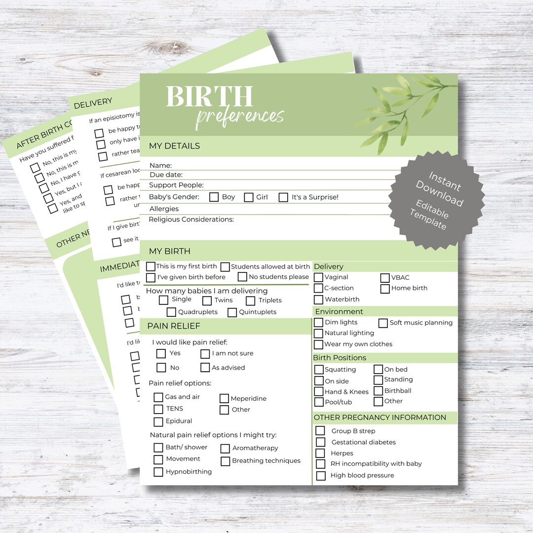 Birth Plan Template, Birth Preferences, Detailed Birth Plan, Birth Plan ...