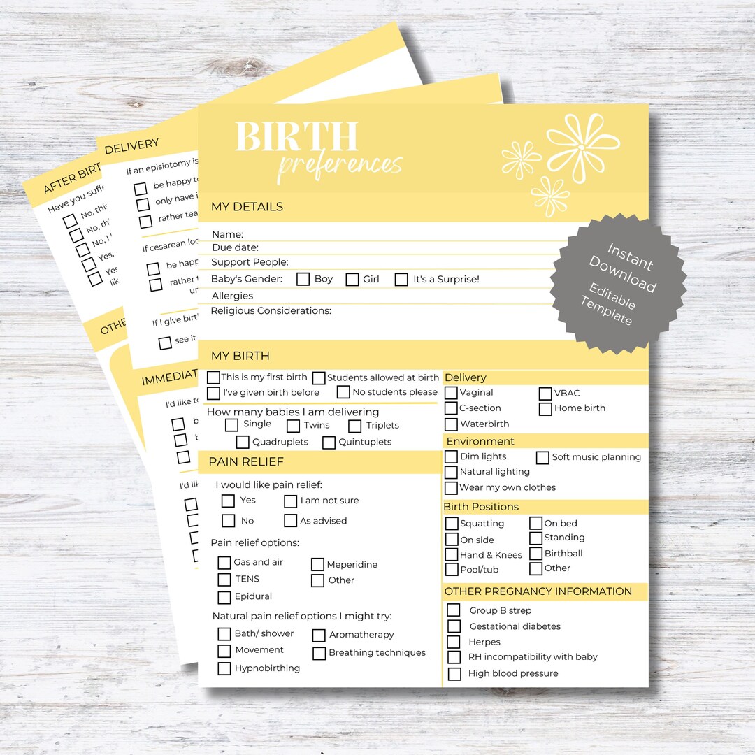 Birth Plan Template, Birth Preferences, Detailed Birth Plan, Birth Plan ...