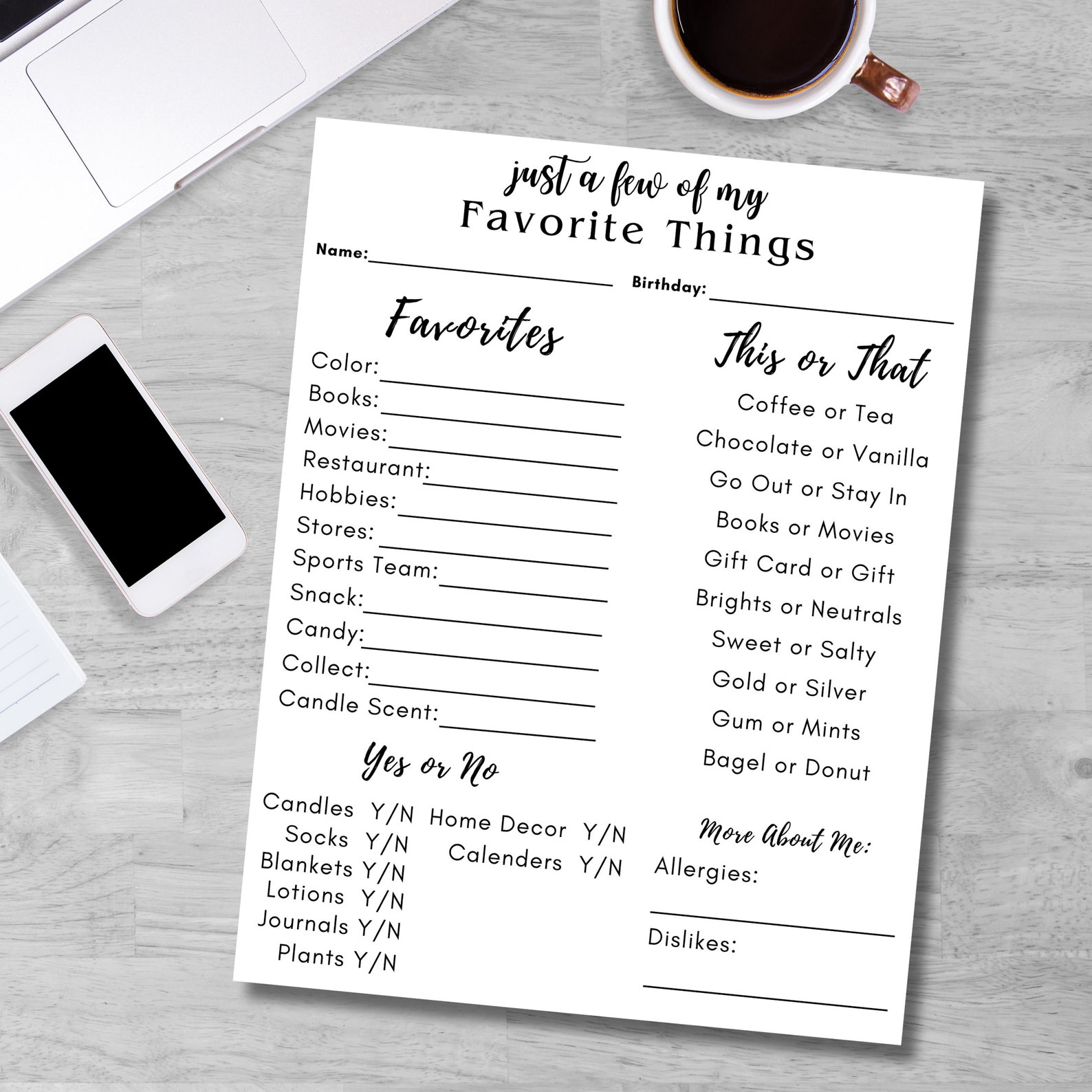 A Few of My Favorite Things Questionnaire | Favorite Things Survey | Co ...