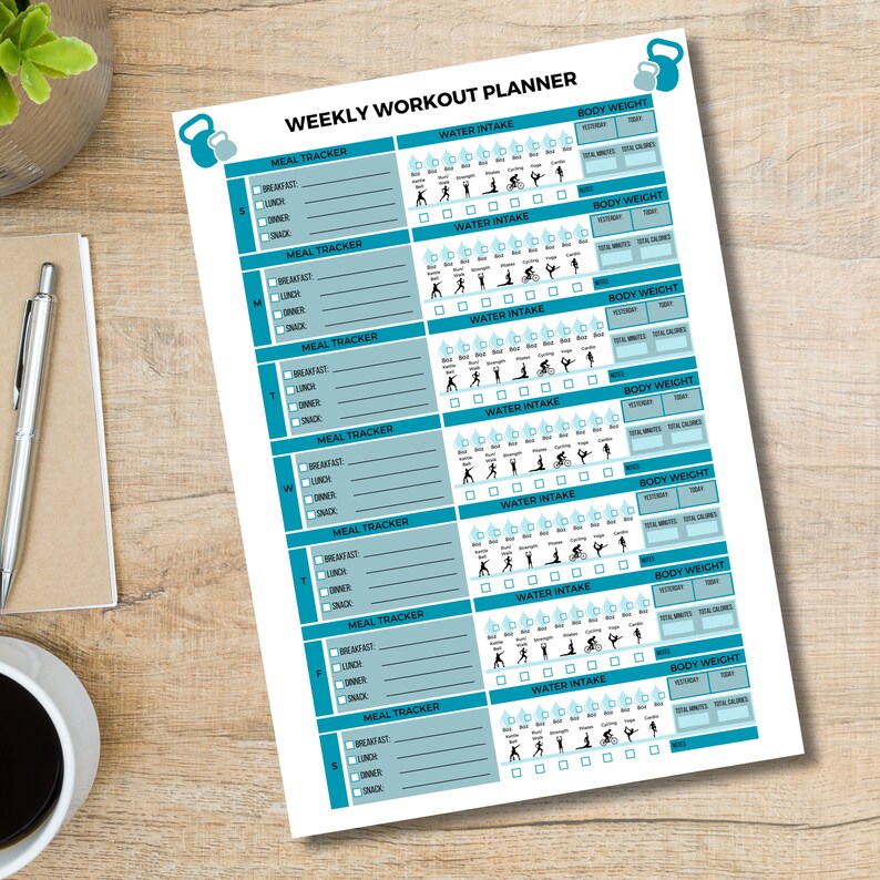 Weekly Workout Planner | Daily Exercise Log | Fitness Journal | Workout ...