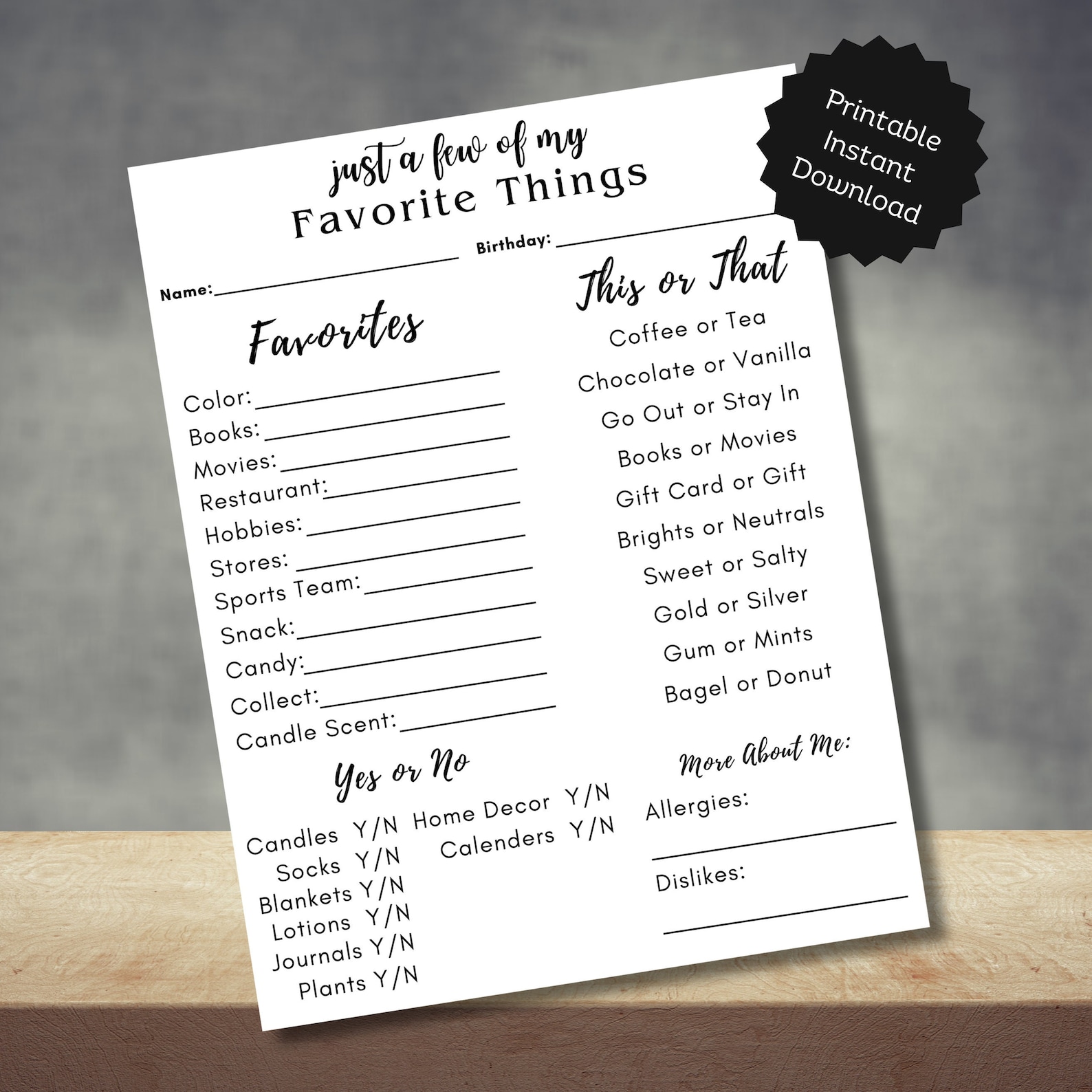 A Few of My Favorite Things Questionnaire | Favorite Things Survey | Co ...