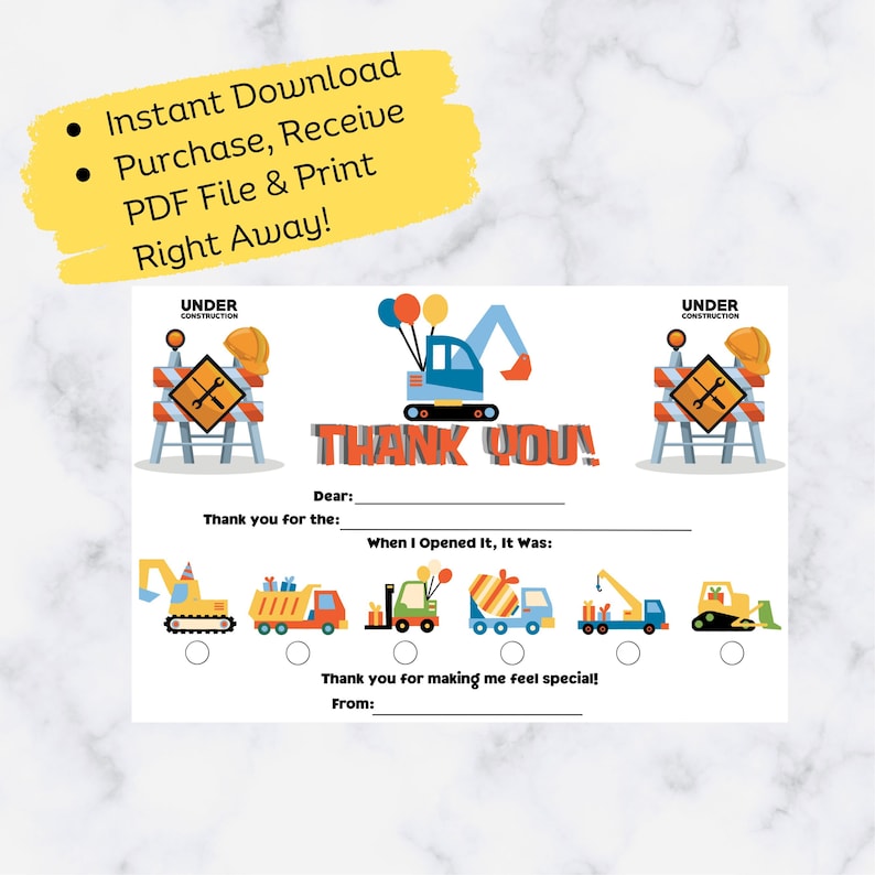Kids Thank You Card, Construction Thank You Card for Kids, Construction ...