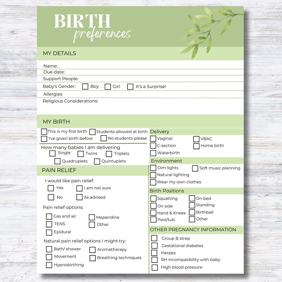 Birth Plan Template, Birth Preferences, Detailed Birth Plan, Birth Plan ...