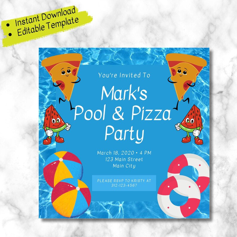 Pool Party Invitation | Pizza Party Invite | Pool Birthday Invitation ...