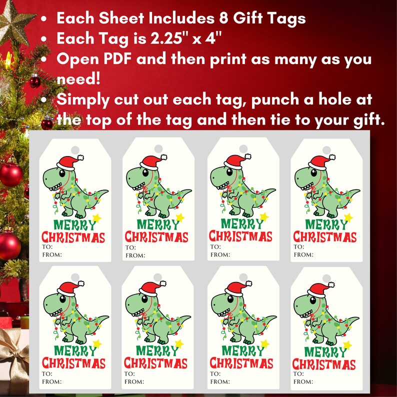 Christmas Gift Tag | Printable Christmas Gift Tag | Dinosaur T-rex Gift ...