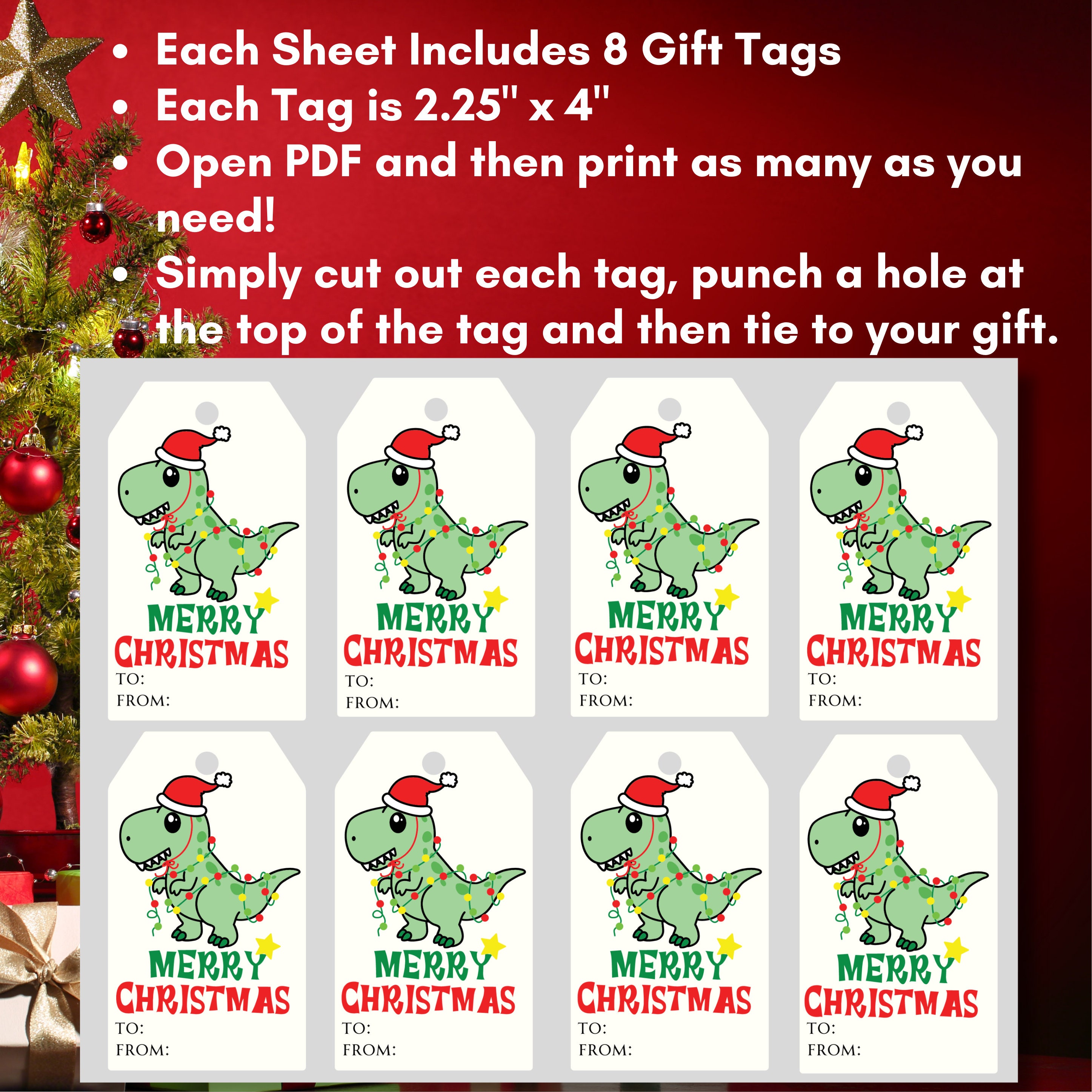 Christmas Gift Tag | Printable Christmas Gift Tag | Dinosaur T-rex Gift ...
