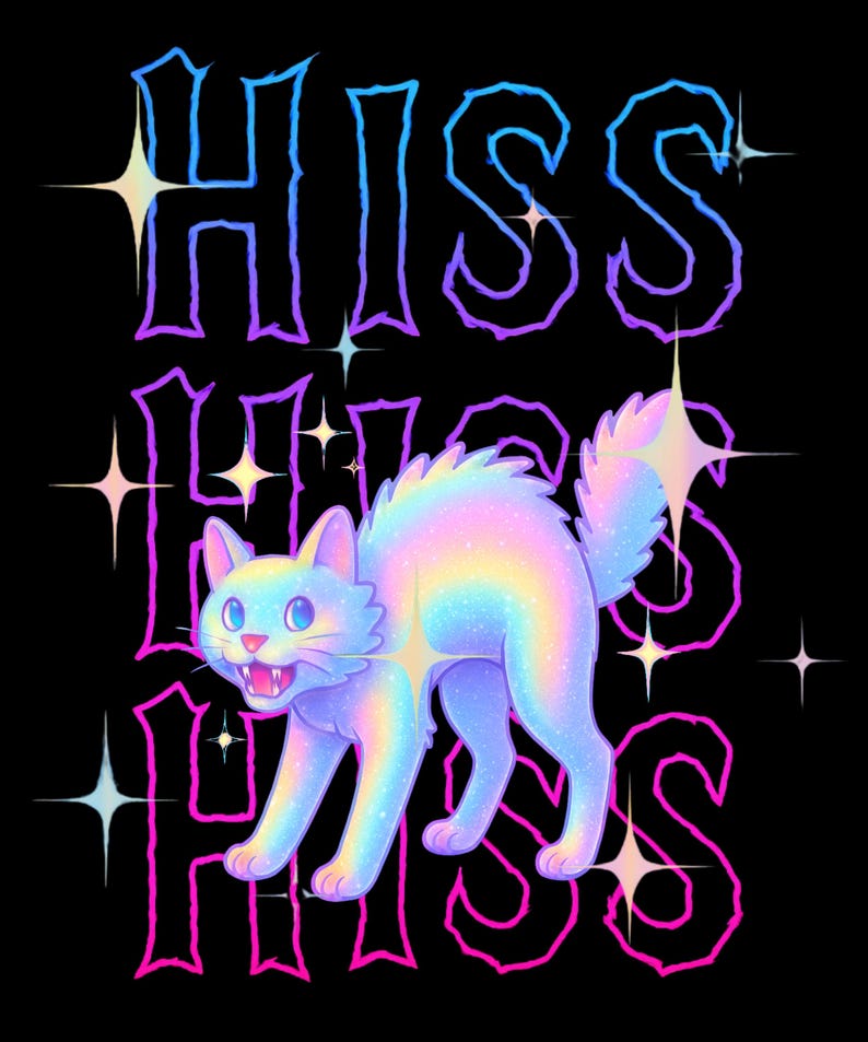 Iridescent Glitter Hiss Cat PNG: Retro Halloween Clipart (digital ...