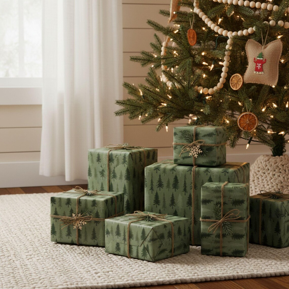 Green Pine Tree Pattern Gift Wrap Paper Forest Holiday Wrapping - Etsy