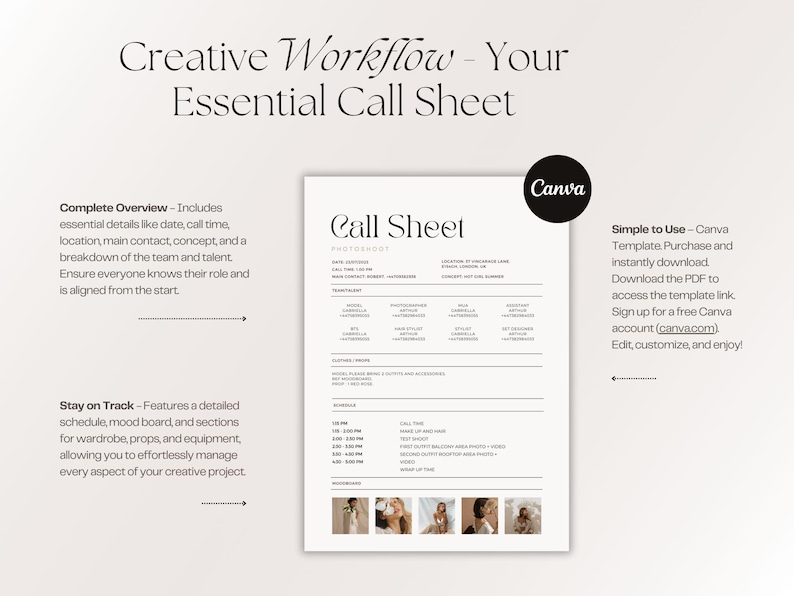 Call Sheet Template for Photographers, Fully Editable, Canva Template ...