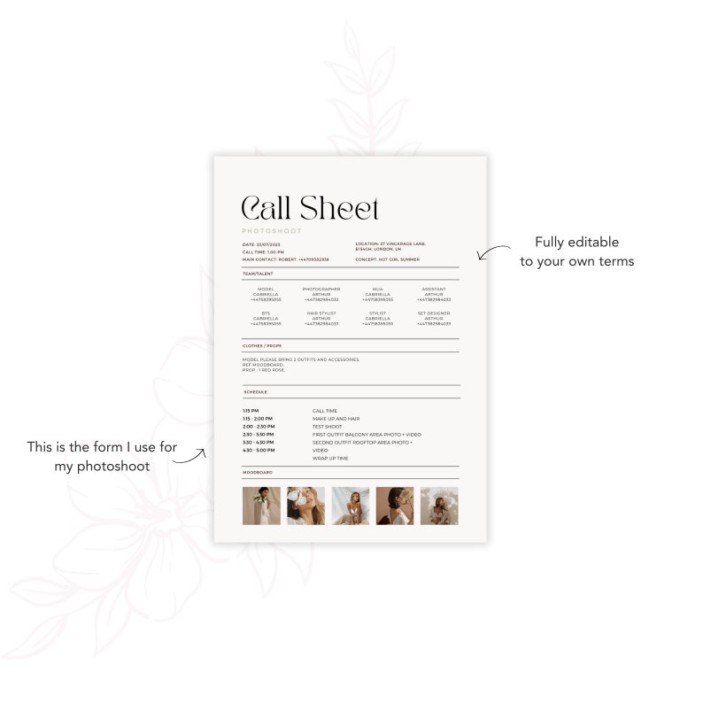 Call Sheet Template for Photographers, Fully Editable, Canva Template ...