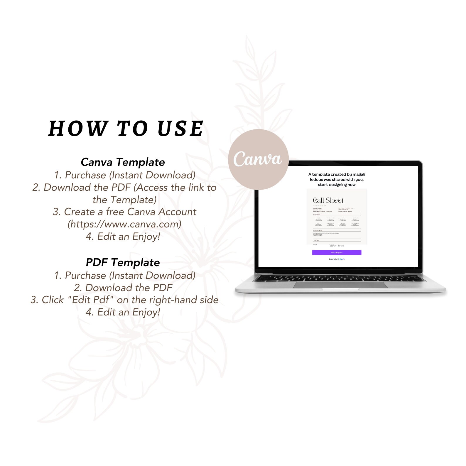 Call Sheet Template for Photographers, Fully Editable, Canva Template ...