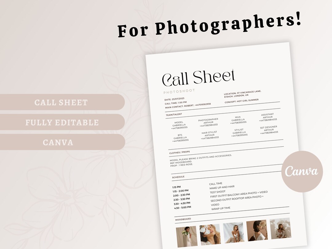 Call Sheet Template for Photographers Fully Editable Canva - Etsy
